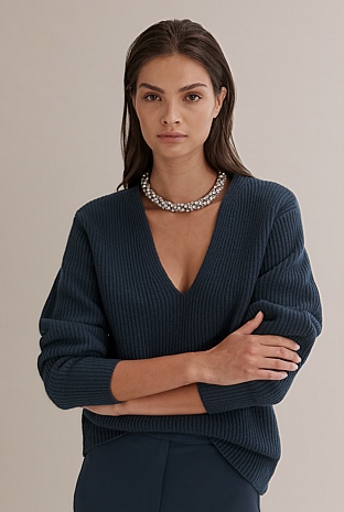 Steel Deep V-Neck Rib Knit - Knitwear | Country Road