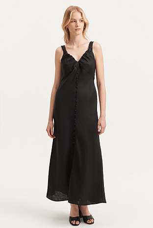 Black Gathered Linen Maxi Dress - Natural Fibres | Country Road