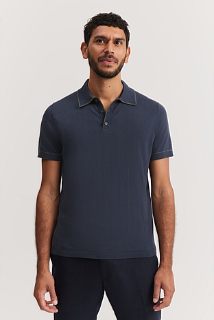 Navy Tipped Knit Polo - Natural Fibres | Country Road