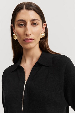 Black GCS-certified Cashmere Blend Zip-Through Knit Polo - Natural ...
