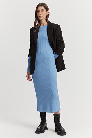 Cerulean Blue Long Sleeve Rib Dress - Dresses | Country Road