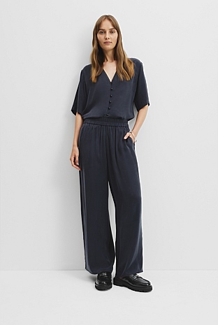 Navy Pull-On Cupro Pant - Pants | Country Road