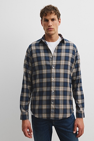 Navy Regular Fit Australian Cotton Flannel Check Shirt - Natural Fibres ...