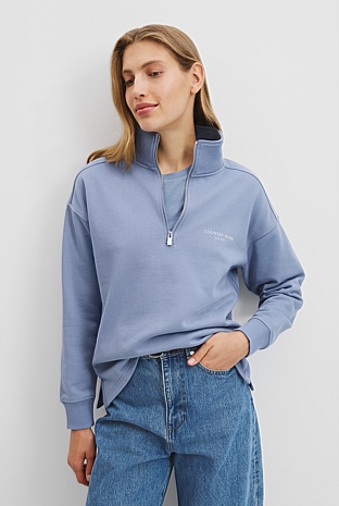 Steel Blue Australian Cotton Zip Collar Sweat - Sweats | Country Road