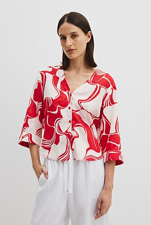 Fiesta Swirl Geo Organically Grown Cotton Print 3/4 Sleeve Linen Shirt ...