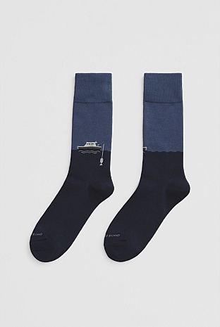 Sea Salt Blue Australian Cotton Blend Fishing Sock - Socks | Country Road