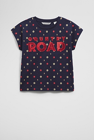 Navy Ditsy Organically Grown Cotton Sequin Logo T-Shirt - T-Shirts ...