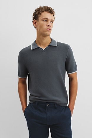 Ash Blue Australian Cotton V-Neck Knit Polo - Knitwear | Country Road