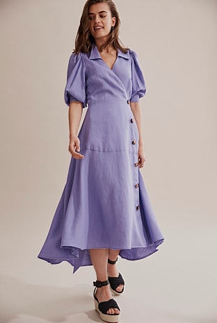 Periwinkle Blue Wrap Linen Dress - Dresses | Country Road
