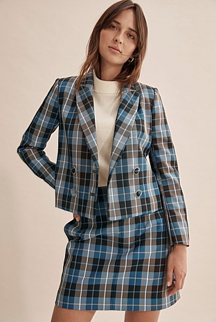 Powder Blue Crop Check Double Breasted Blazer - Jackets & Coats ...
