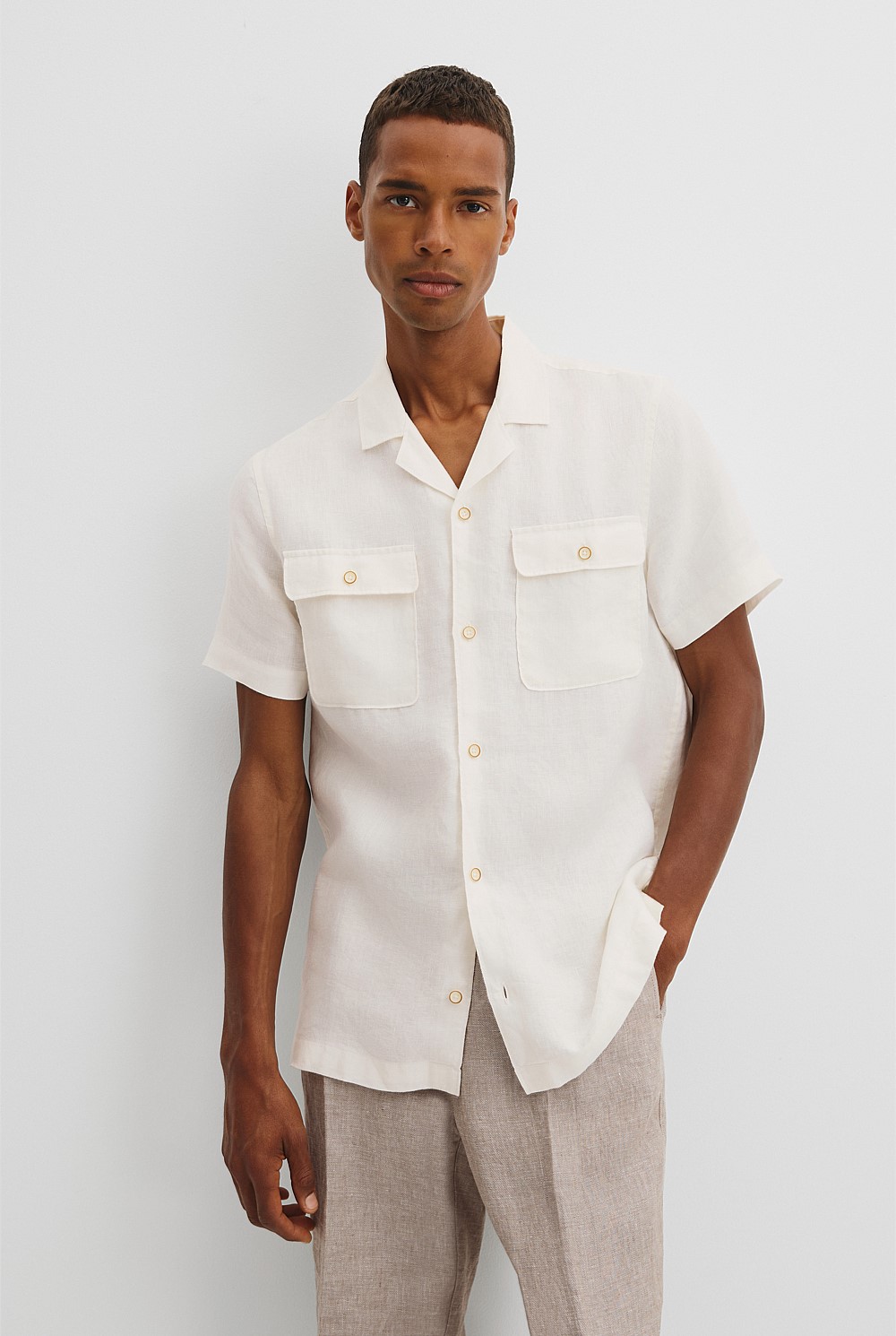Oat Double Pocket Textured Linen Short Sleeve Shirt - Holiday | Country ...