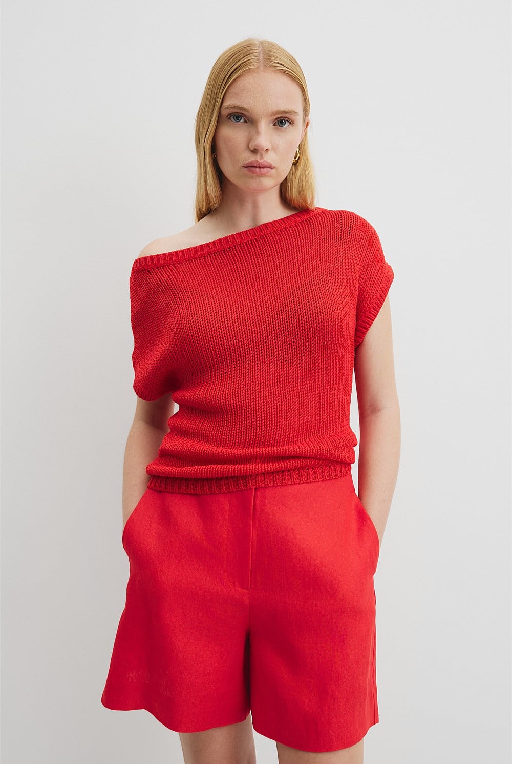 Vivid Red Asymmetric Tape Knit T-Shirt - Holiday | Country Road