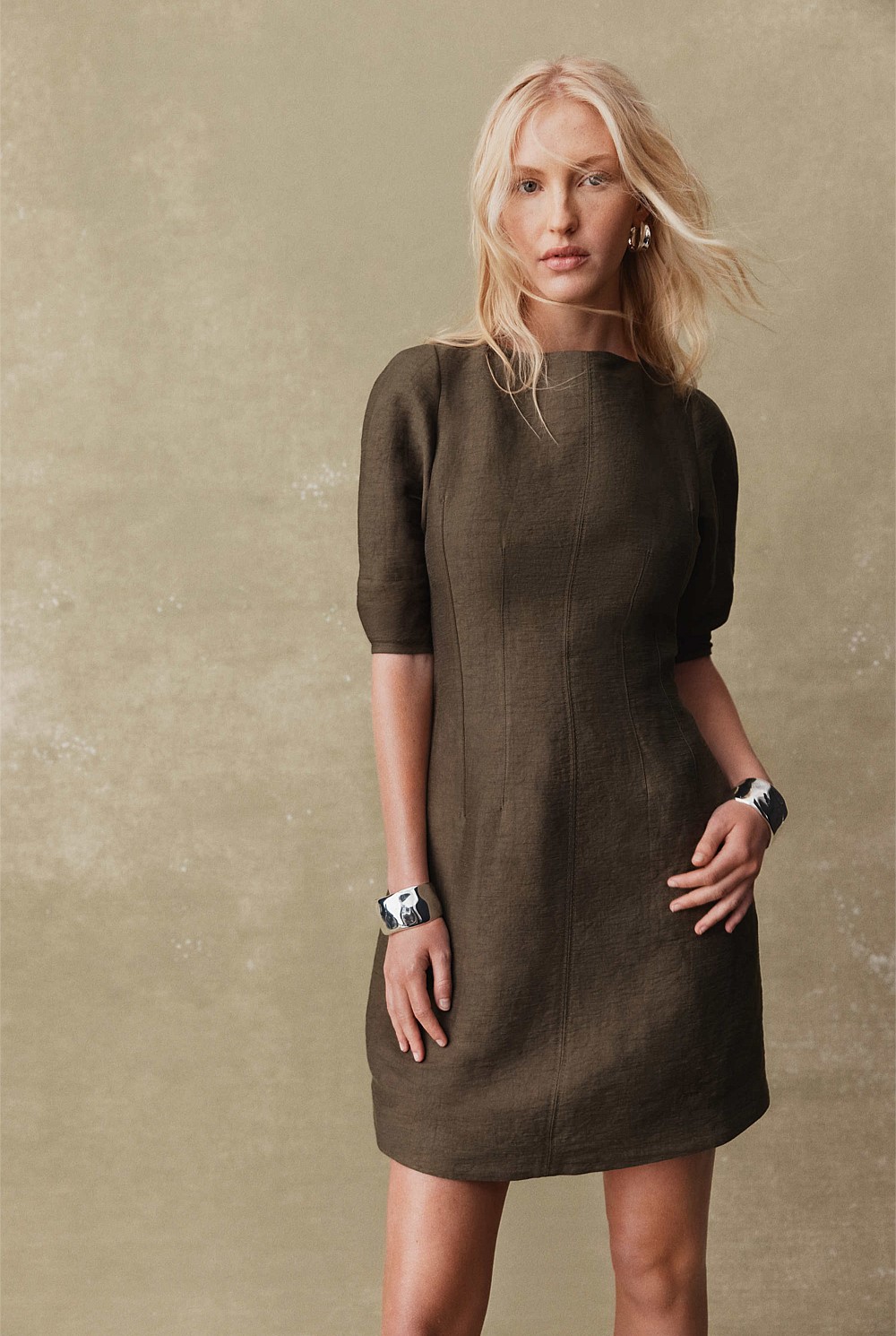 Deep Olive Linen Panelled Mini Dress - Event | Country Road