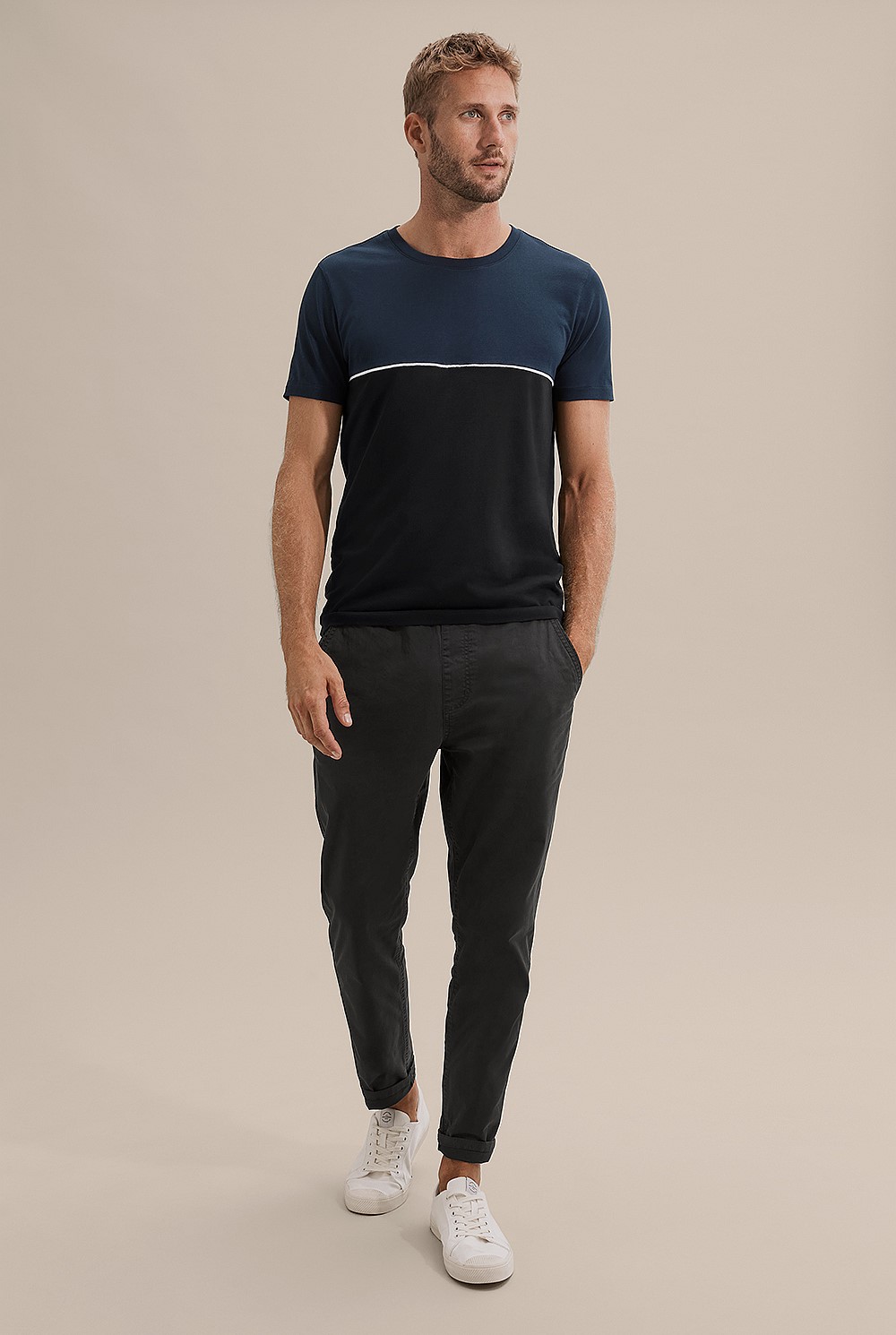 Navy Piped Pima Panel Crew T-Shirt - T-Shirts | Country Road