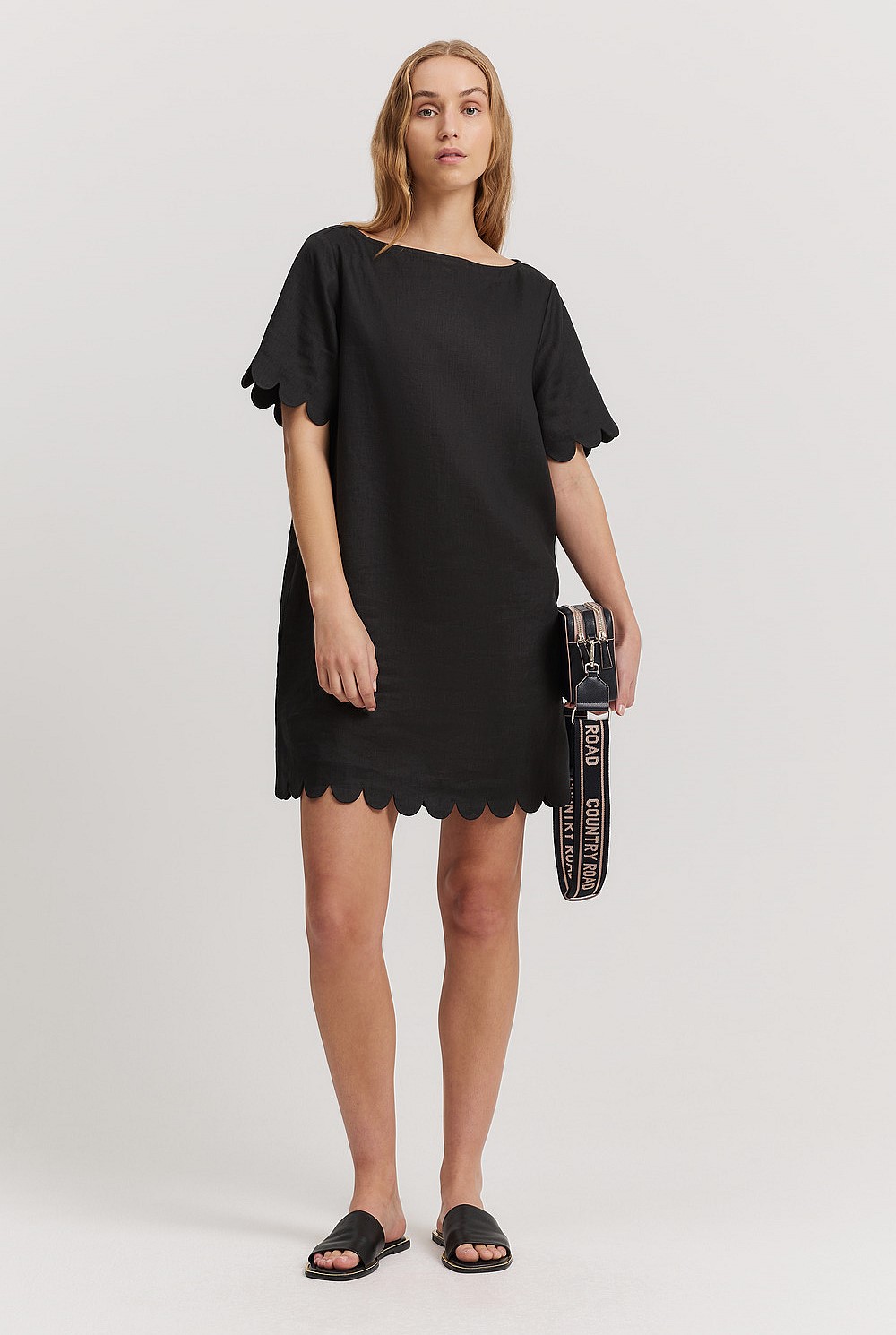 Black Linen Scallop Detail Dress - Dresses | Country Road