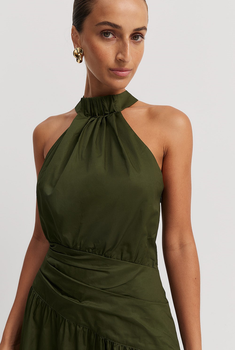 Dark Olive Organically Grown Cotton Halter Tuck Dress - Dresses ...