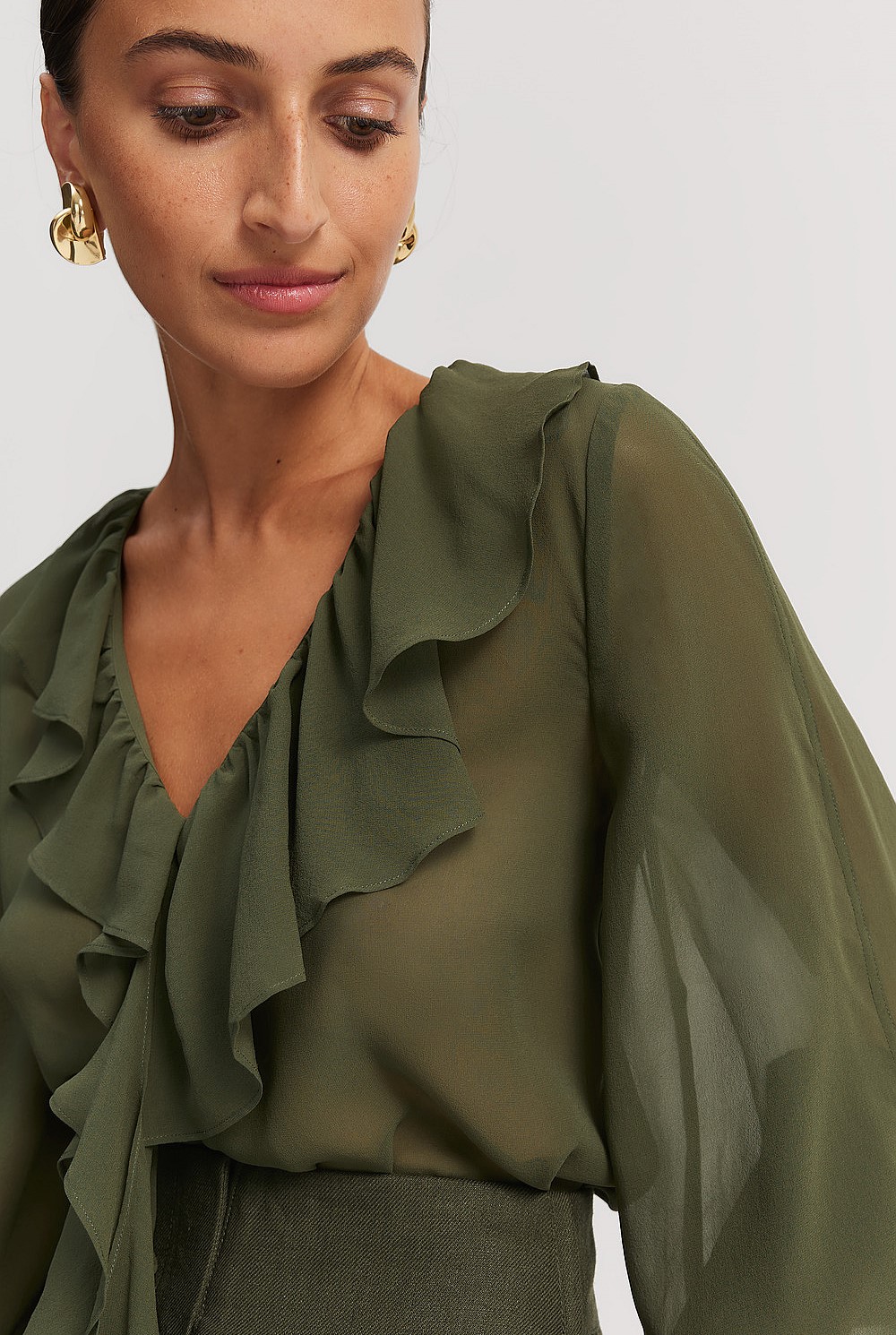 Dark Olive Silk Ruffle Dinner Blouse - Shirts | Country Road