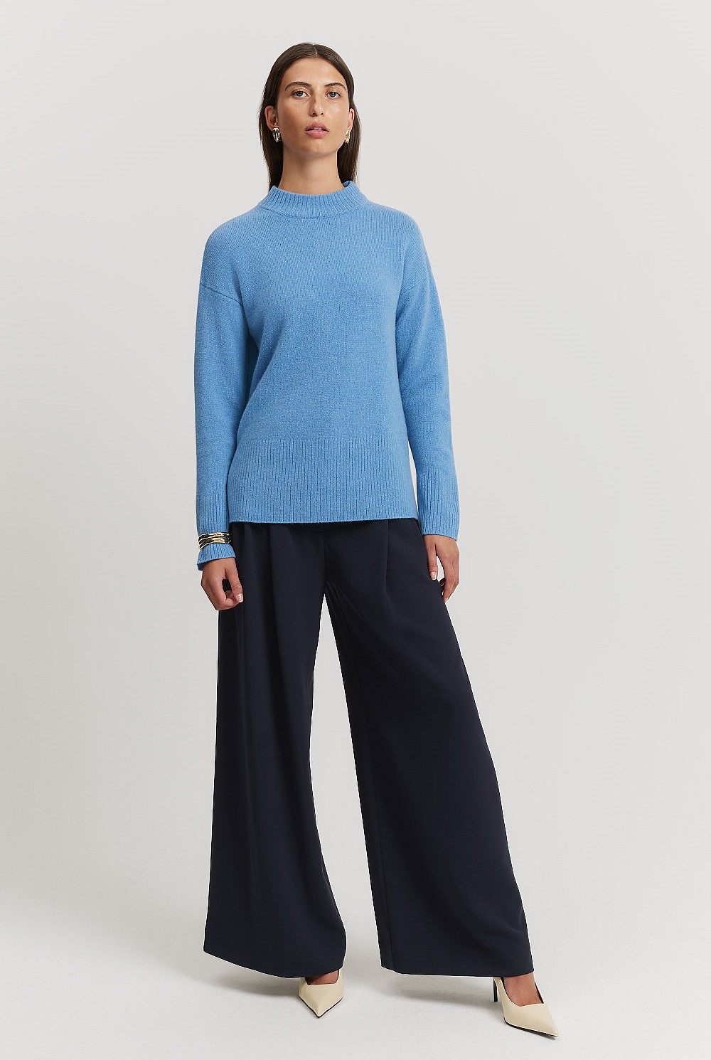 French Blue Merino Wool Rib Detail Pullover - Natural Fibres | Country Road
