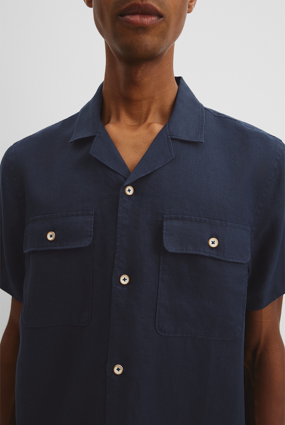 Navy Double Pocket Textured Linen Short Sleeve Shirt - Holiday ...