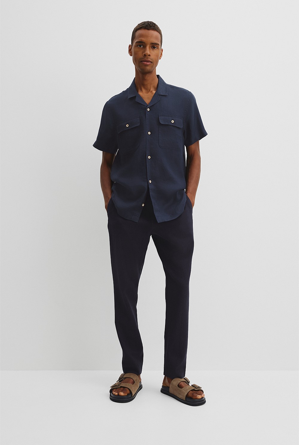 Navy Double Pocket Textured Linen Short Sleeve Shirt - Holiday ...