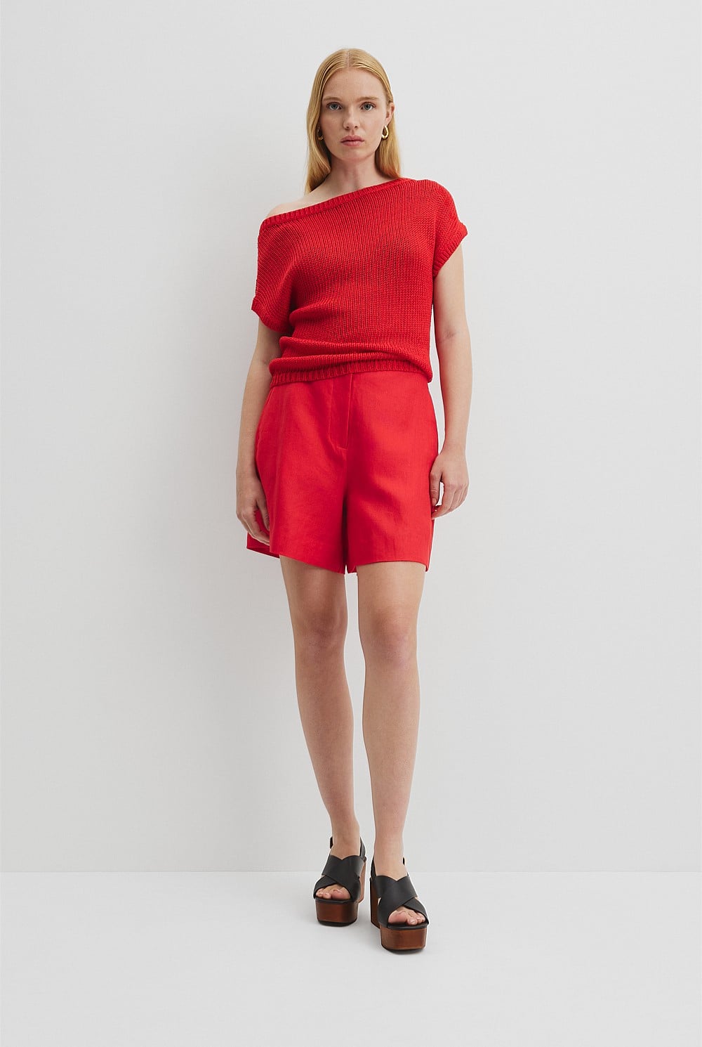 Vivid Red Asymmetric Tape Knit T-Shirt - Holiday | Country Road