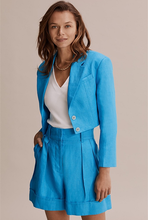 Sea Blue Cropped Blazer Jacket - Natural Fibres | Country Road
