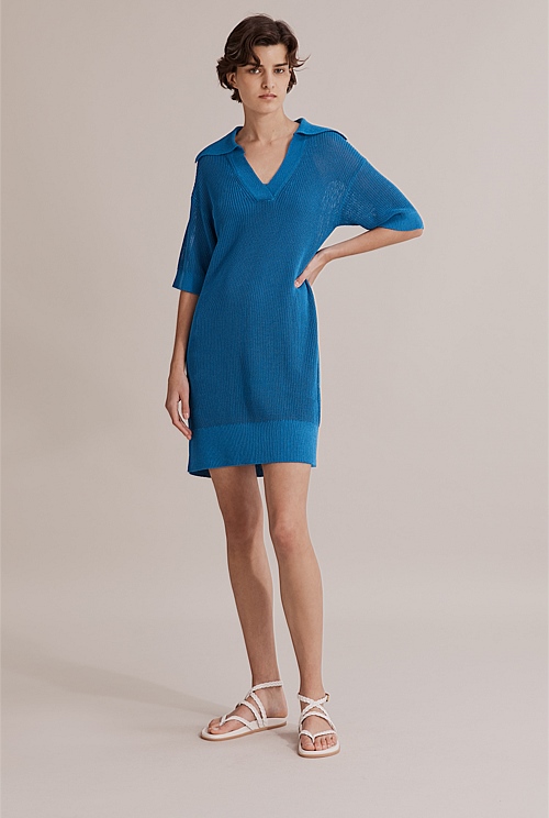 Moroccan Blue Mesh Knit Dress - Knitwear | Country Road