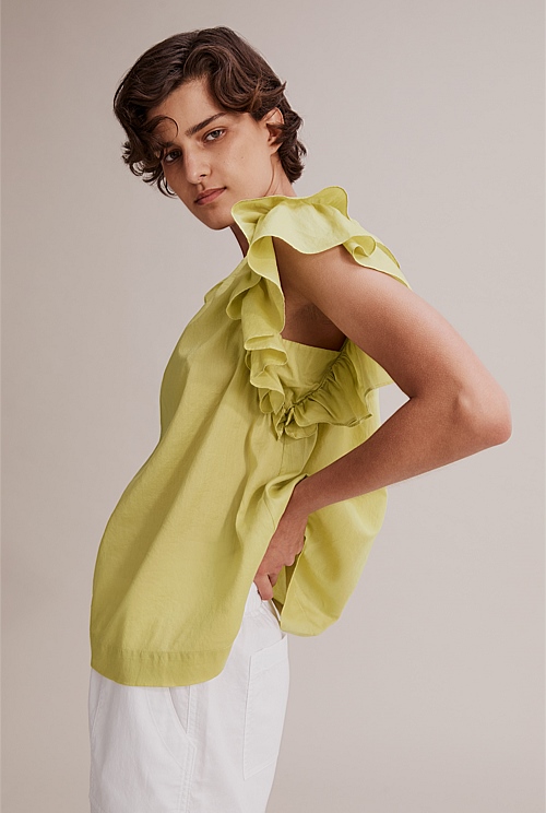 Pea Green Ruffle Sleeve Popover - Shirts | Country Road