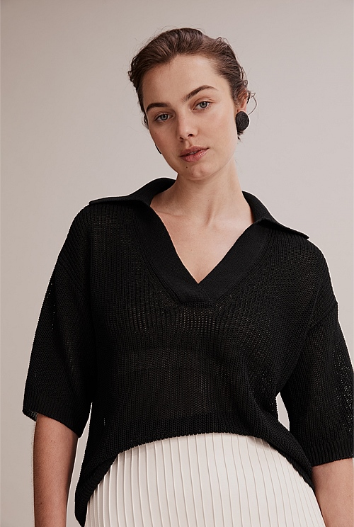 Black Mesh Knit Top - Knitwear | Country Road
