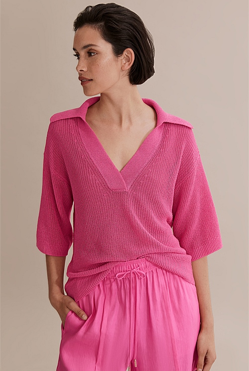 Hot Pink Mesh Knit Top - Knitwear | Country Road