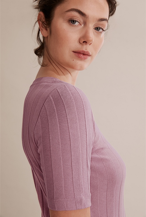 Dusty Rose Short Sleeve Self Stripe T-Shirt - T-Shirts & Tops | Country ...