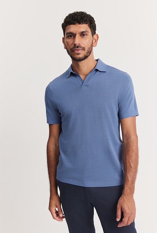Midnight Blue Cotton Silk Trophy Polo - Natural Fibres | Country Road