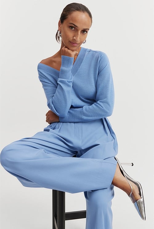 Cerulean Blue Verified Merino Wool V-neck Knit - Natural Fibres ...