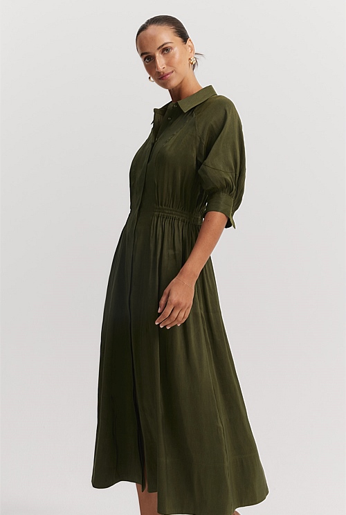 Dark Olive Organically Grown Linen Blend Fluid Cinched Shirt Dress ...