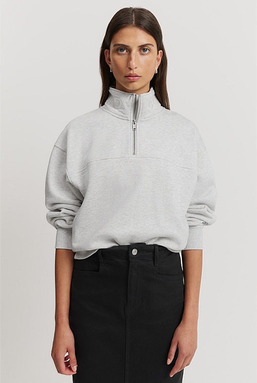 Light Grey Marle Australian Good Earth Cotton Zip Collar Sweat ...