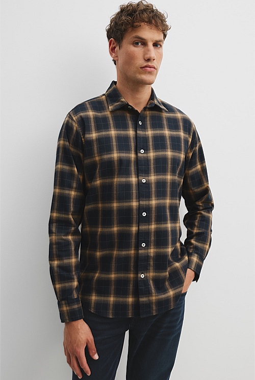 Navy Regular Fit Australian Good Earth Cotton Flannel Check Shirt ...