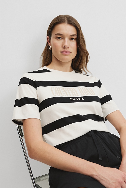 Black Stripe Verified Australian Cotton Stripe Heritage Embroidered T-Shirt - T-Shirts & Tops ...