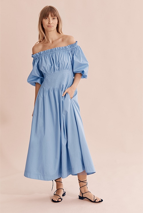 Cornflower Blue Off Shoulder Tuck Dress - Dresses | Country Road