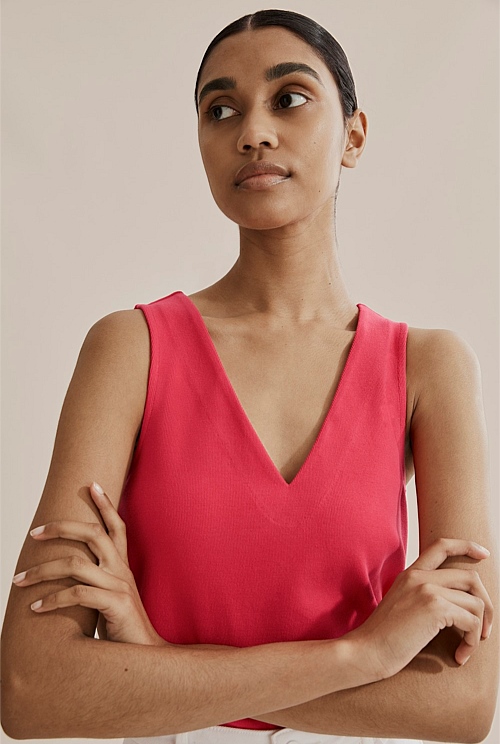 Raspberry Deep V-Neck Rib Tank - T-Shirts & Tops | Country Road
