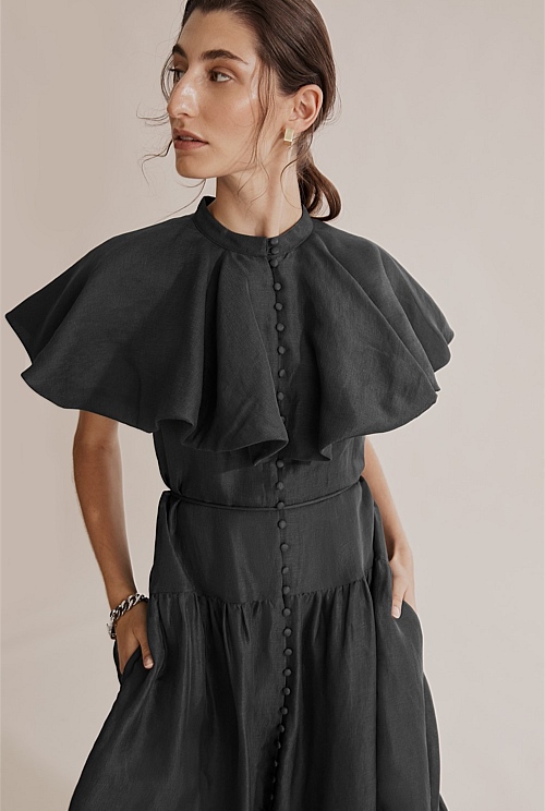 Charcoal Bib Ruffle Tiered Dress - Dresses | Country Road
