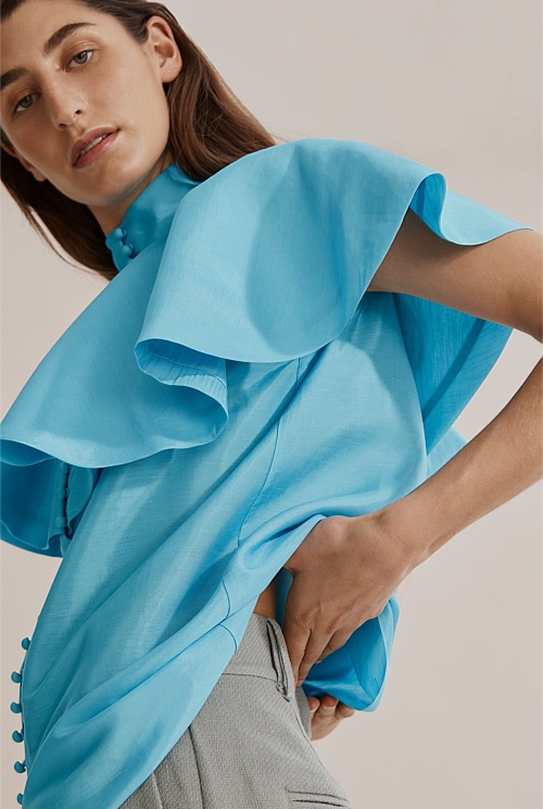 Opal Blue Bib Ruffle Sleeve Shirt - Shirts | Country Road