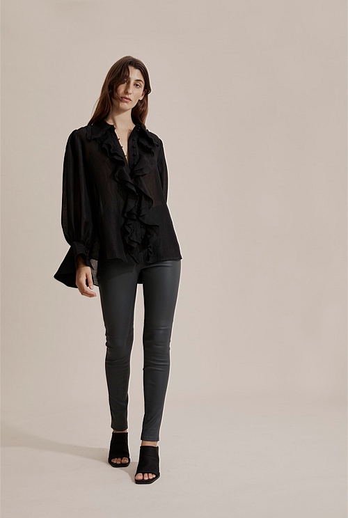 Black Ruffle Placket Blouse - Natural Fibres | Country Road