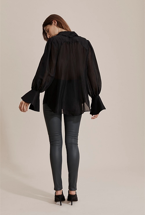 Black Ruffle Placket Blouse - Natural Fibres | Country Road