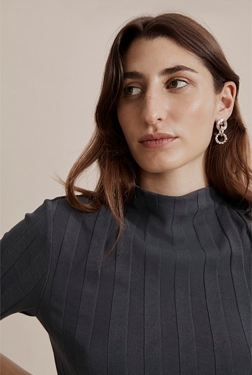 Charcoal Button Back Rib Top - Natural Fibres | Country Road