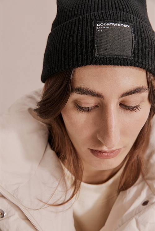 Black Branded Rib Beanie - Hats, Scarves & Gloves | Country Road