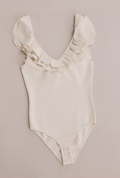 Antique White Ruffle Detail Bodysuit - Knitwear | Country Road