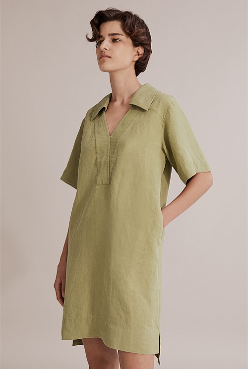Moss Green Organically Grown French Linen Popover Dress - Dresses ...