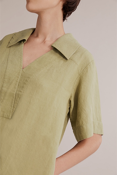 Moss Green Organically Grown French Linen Popover Dress - Dresses ...