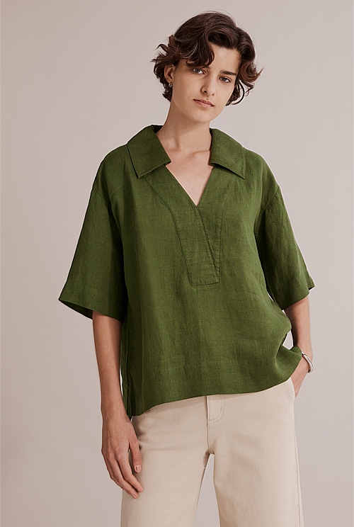 Olive Green Organically Grown French Linen Popover - Shirts | Country Road