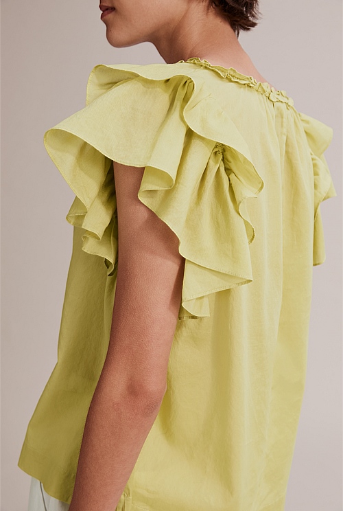 Pea Green Ruffle Sleeve Popover - Shirts | Country Road